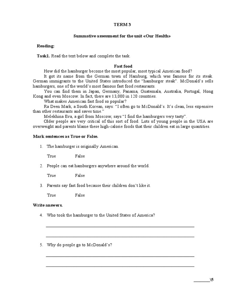 6 Grade Summative Assessment For The Unit 5 | PDF | Hamburgers | Fast Food