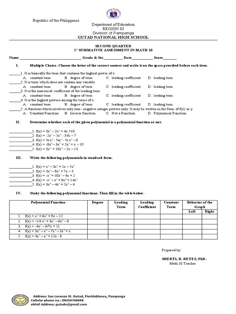 Summative Test Q2 | PDF | Polynomial | Function (Mathematics)