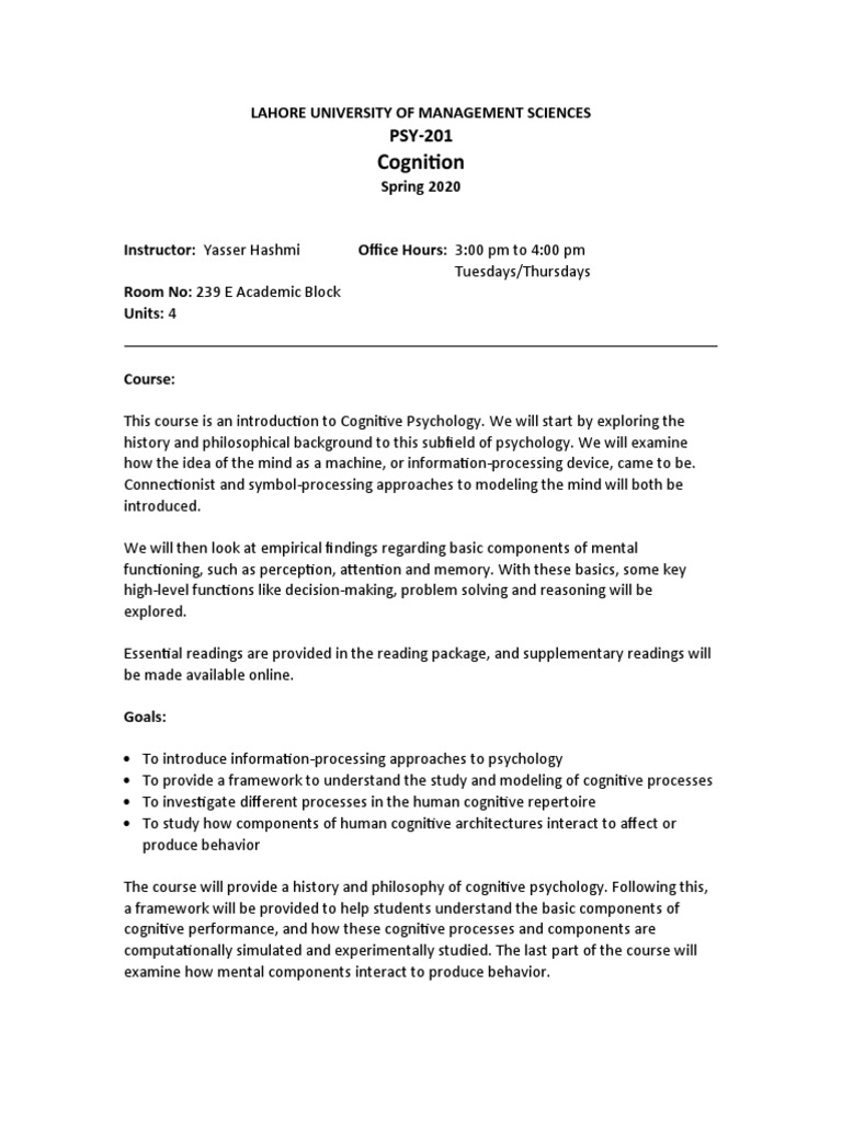 PSY-201 Cognition - New Course Outline | PDF | Cognitive Psychology ... PSY-201 Cognition - New Course Outline | PDF | Cognitive Psychology ...