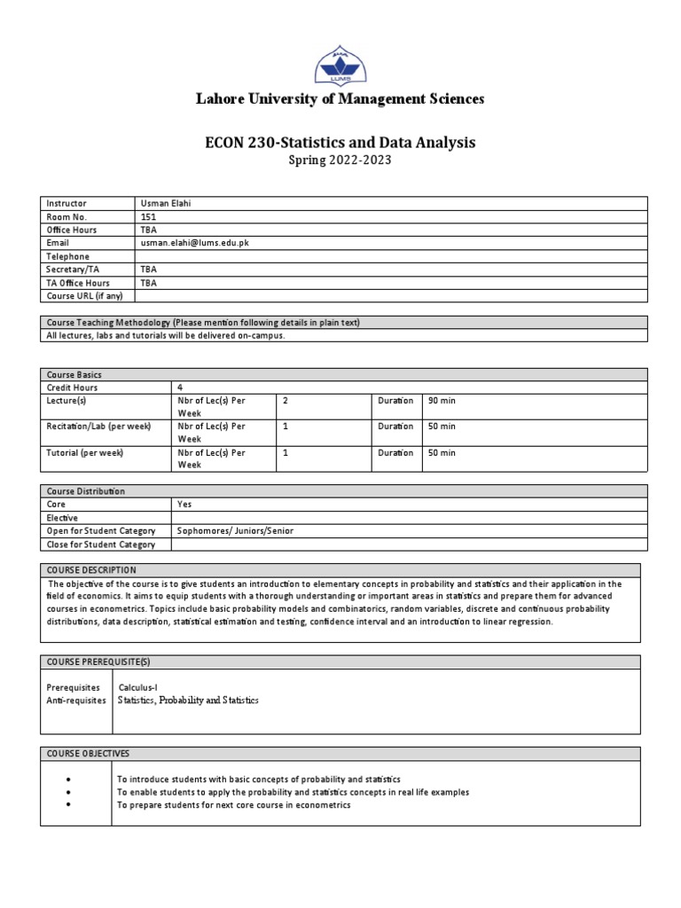 ECON 230 Spring 2022-23 Course Outline | PDF | Statistics | Statistical ...