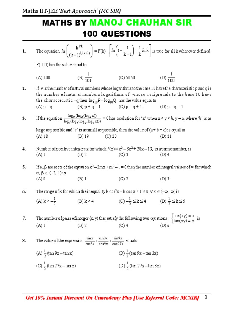 100 Questions Math | Download Free PDF | Tangent | Ellipse