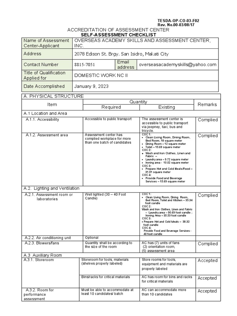 Self-Assessment Checklist Dow NC Ii | PDF | Room