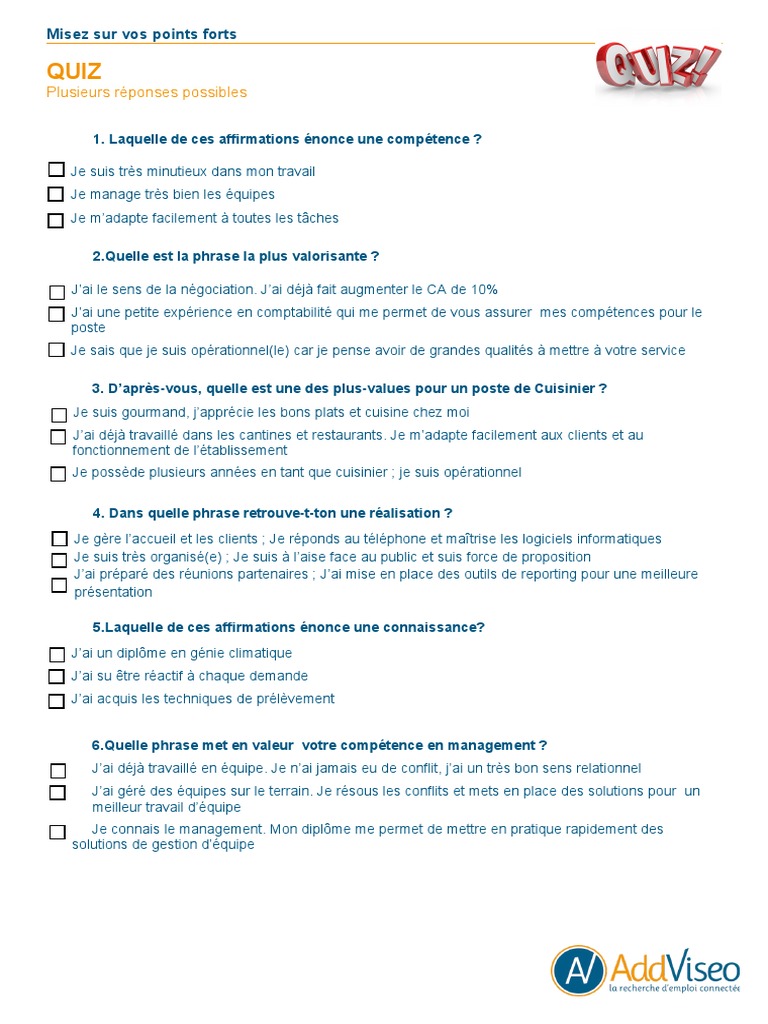 Quiz sur l'auto-évaluation des compétences | PDF | Business