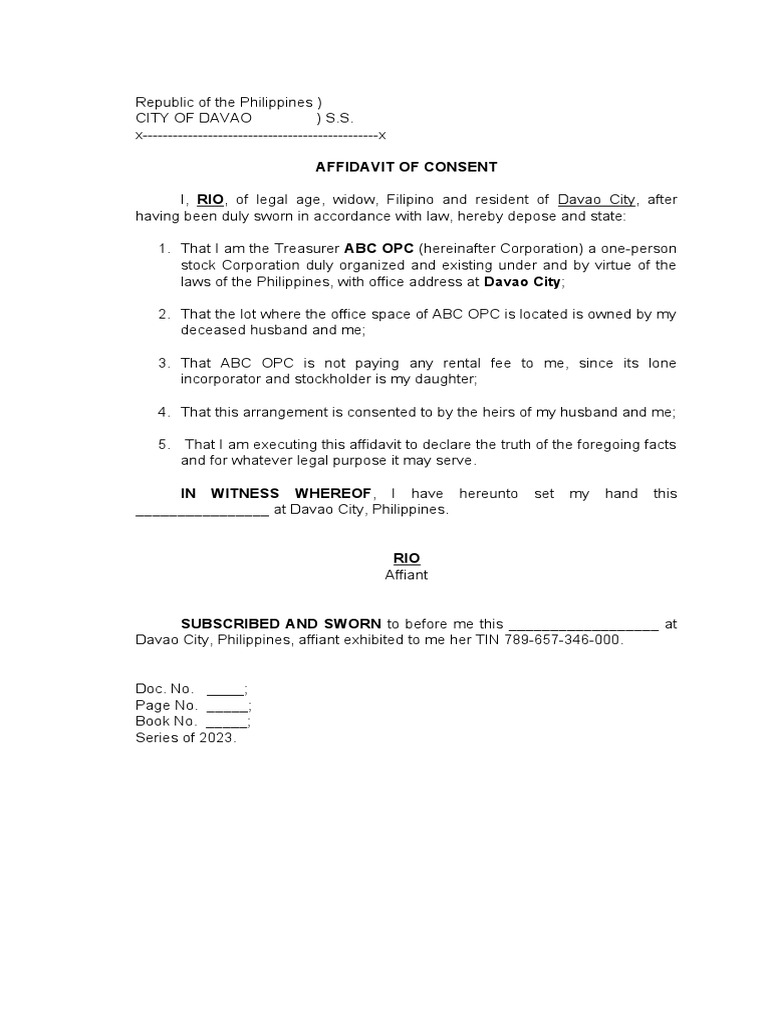 Affidavit of Consent For Corporation-Sample | PDF
