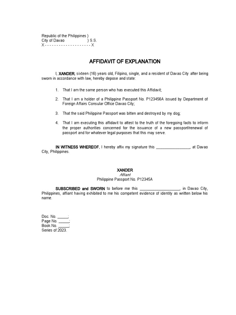 Affidavit of Explanation No Passport - Sample | PDF