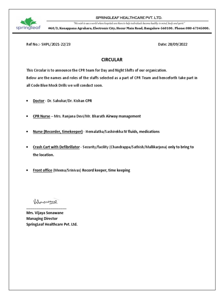 CPR Team Announcement at Springleaf Hospital | PDF