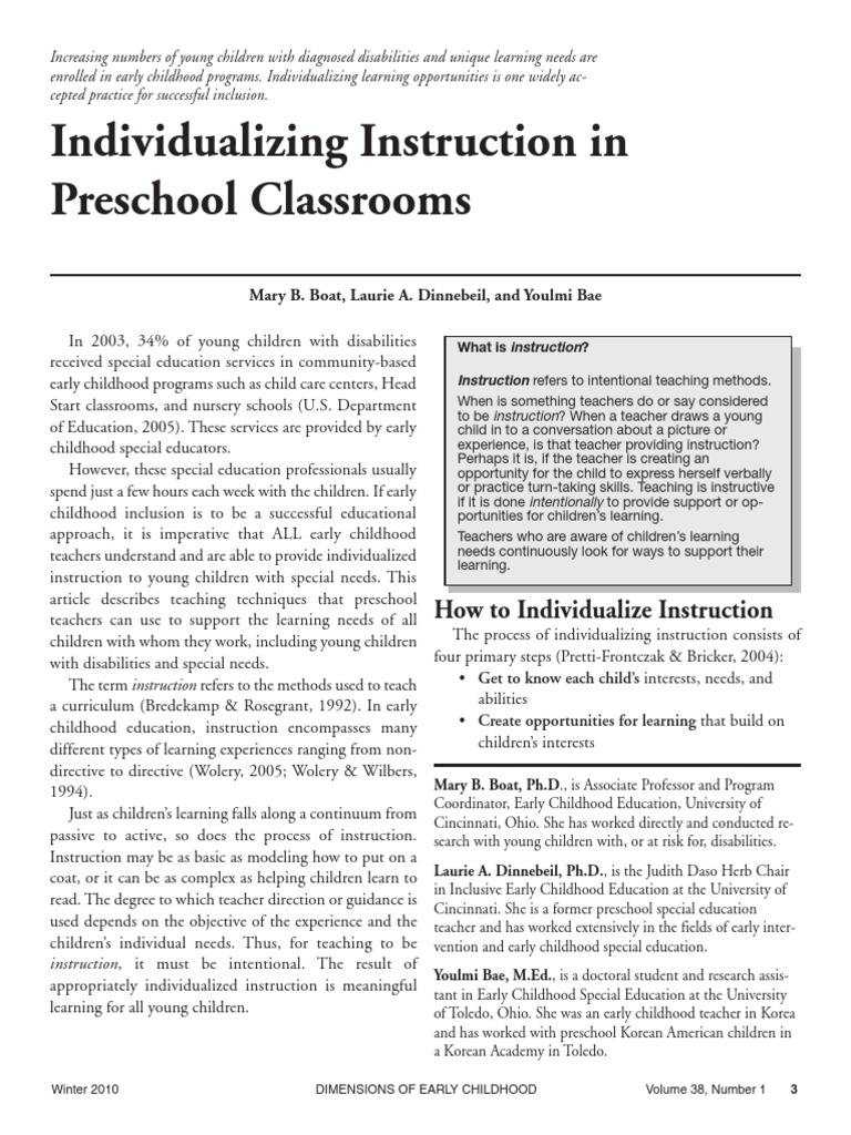 Individualizing Instruction in Preschool Classrooms Mary B Boat Laurie ...