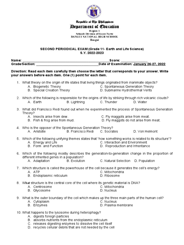 Grade 11 Earth Science Exam Q2 2022 | PDF | Cellular Respiration ...