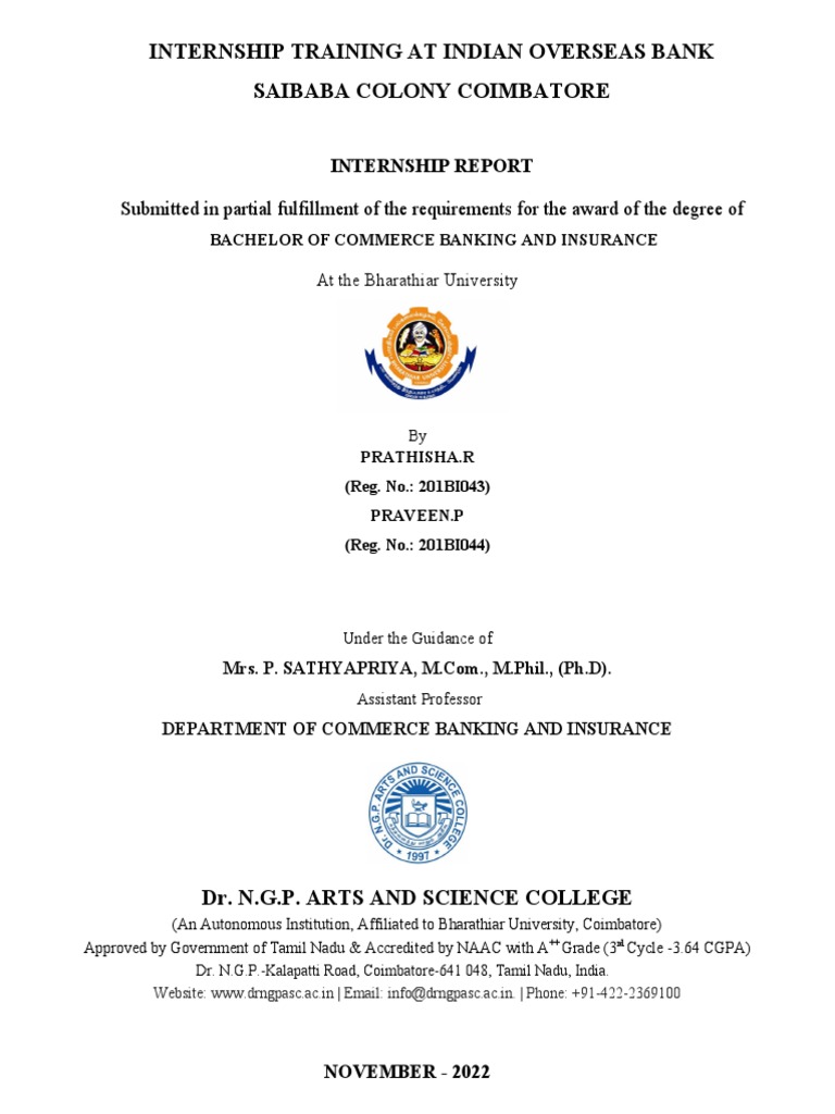 Indian Overseas Bank Internship Front Page | PDF | Academic Degree ...