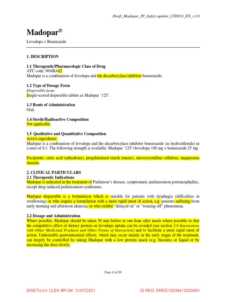 Madopar Tablet Dispersible 100 MG + 28,5 MG - Levodopa-Benserazide ...