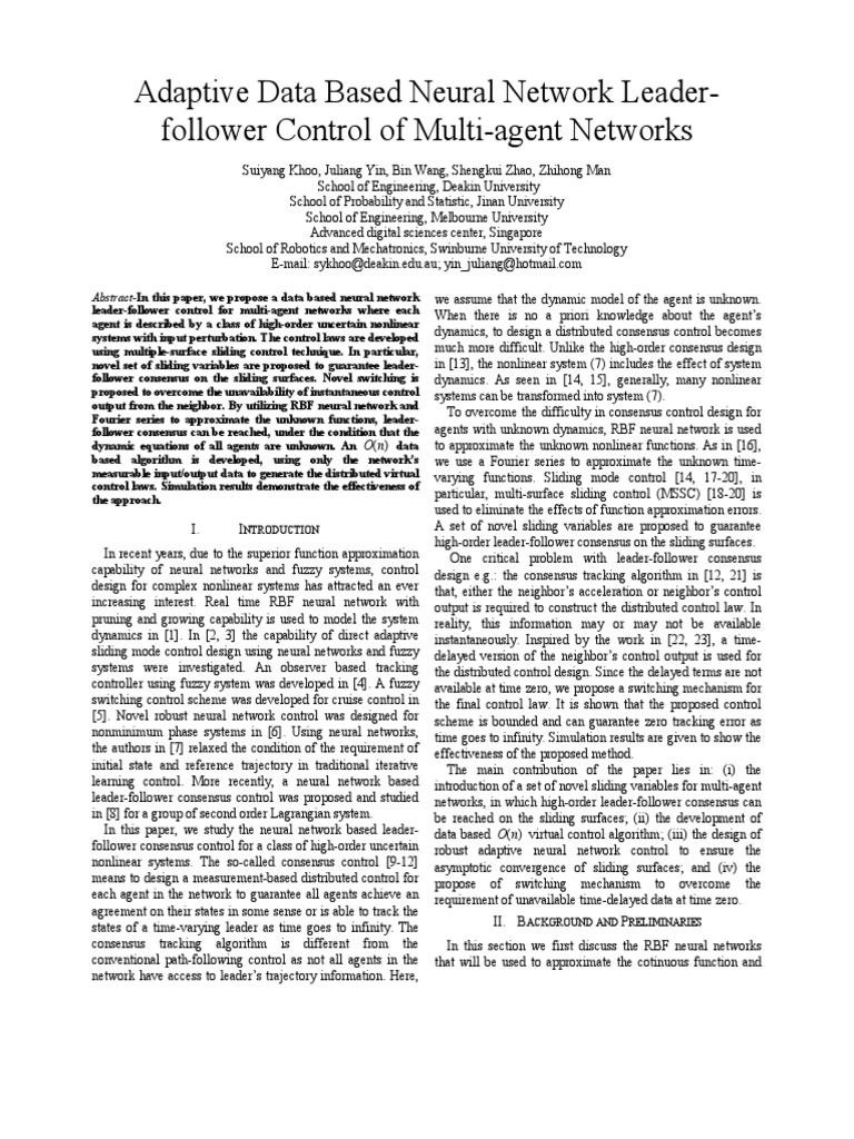 Adaptive Data Based Neural Network Leader-Follower Control of Multi-Agent Networks | PDF ...