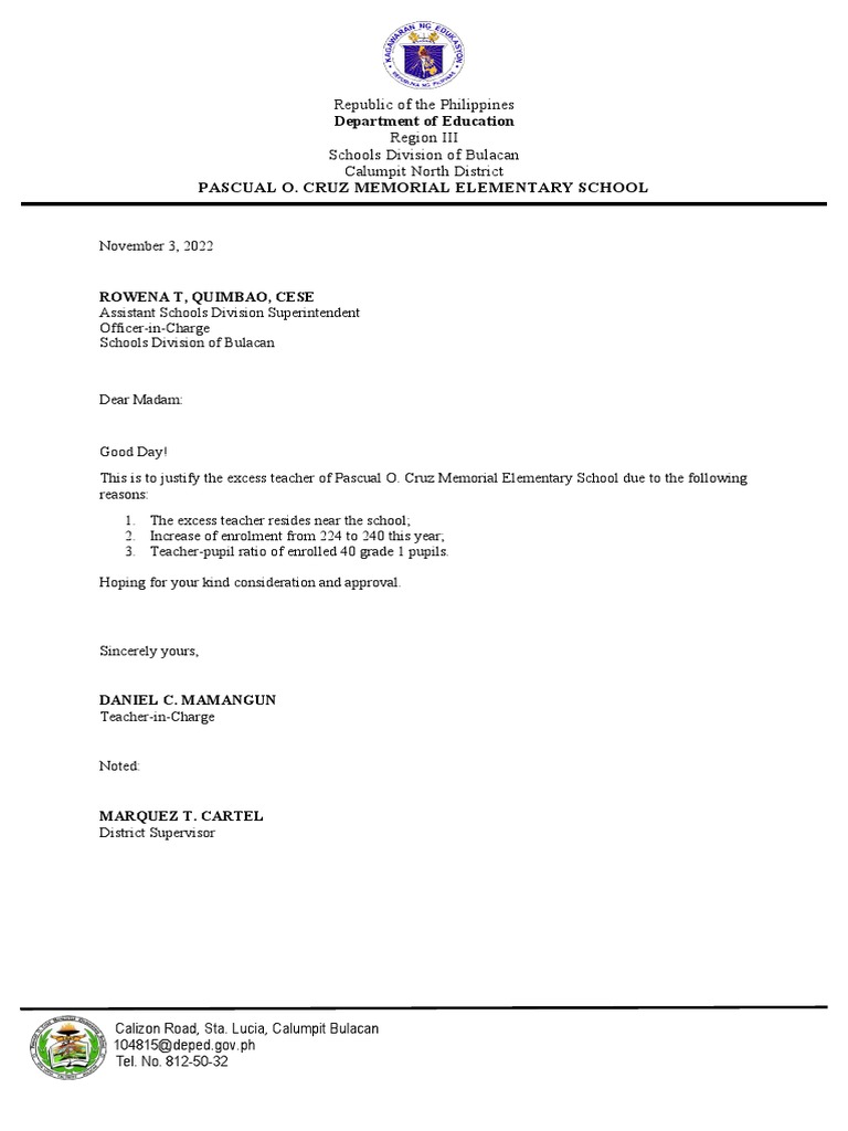 Justification Letter Excess Teacher Revised | PDF
