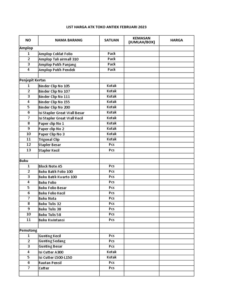 List Harga Atk Toko Antiek Februari 2023 NO Nama Barang Satuan Harga Amplop Kemasan (Jumlah/Box ...