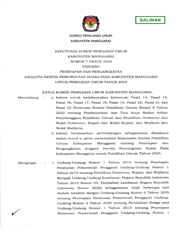 Keputusan Kpu Kab Manggarai Nomor 7 Tahun 2023 Tentang Penetapan Dan