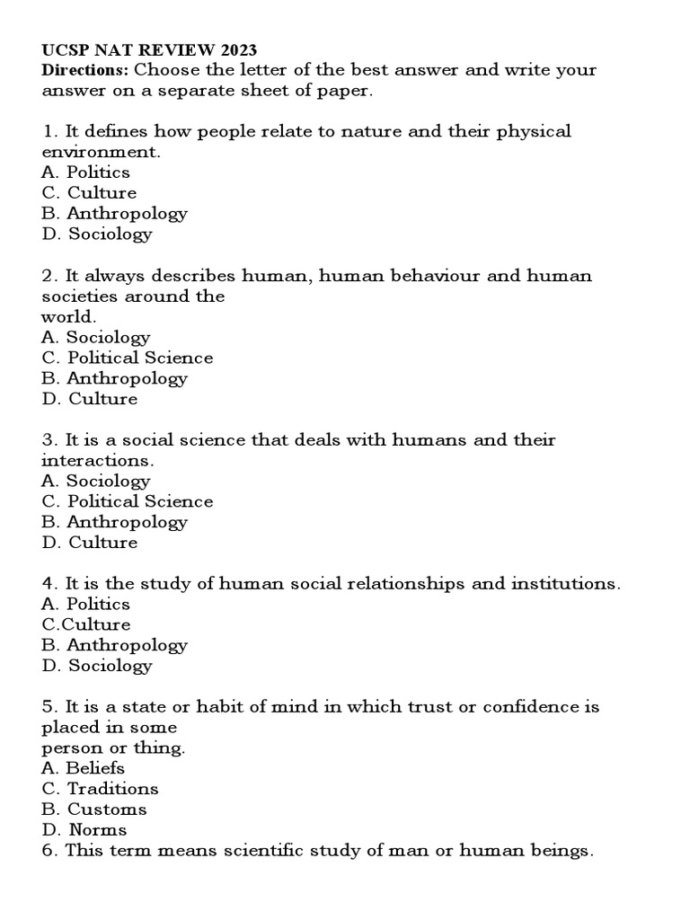 UCSP NAT Review Questions 2023 | PDF | Sociology | Anthropology