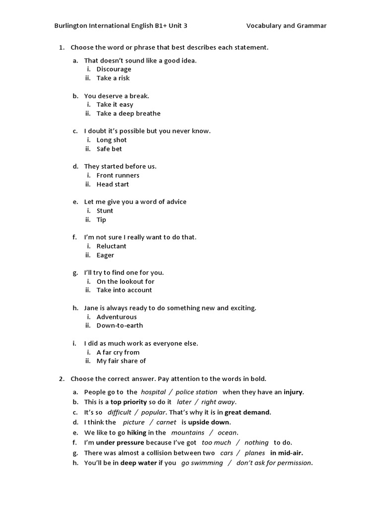 Burlington International English B1+ Unit 3: A Focus on Key Vocabulary and Grammar Structures | PDF