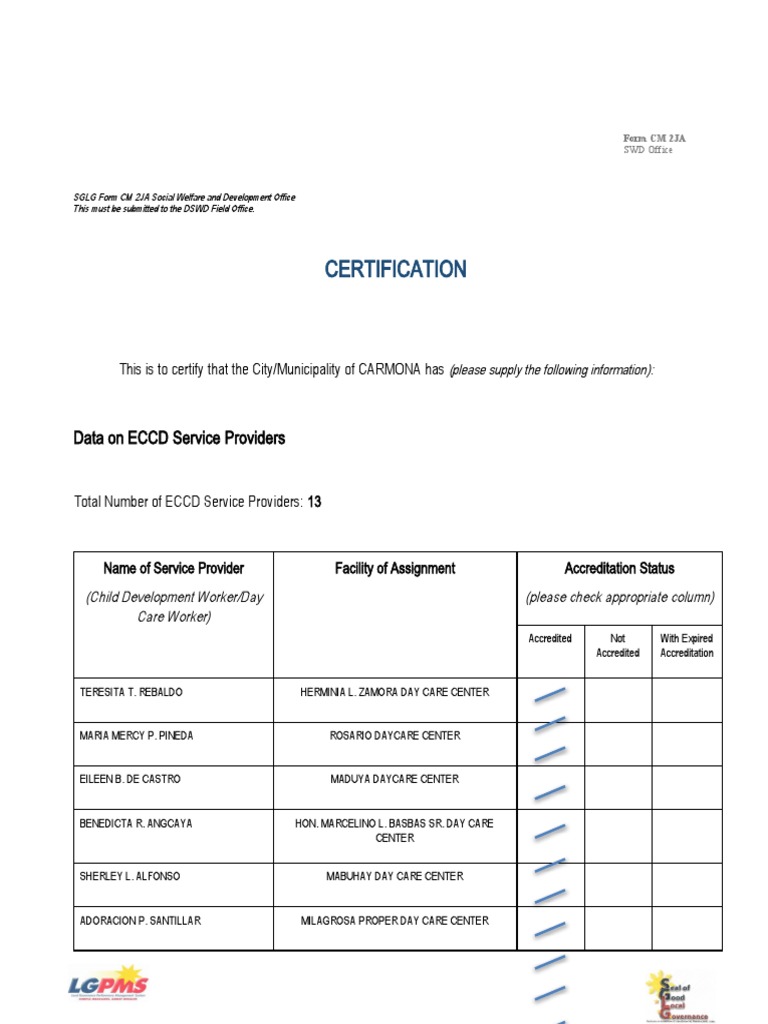 FACILITIES & SERVICE PROVIDERS Annex A - Form CM 2JA DILG-SGLG | PDF ...