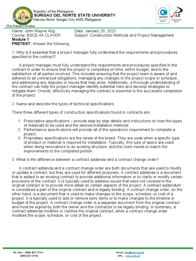 Understanding Construction Contracts: An Analysis of Contract Documentation for the BSCE 4A ...