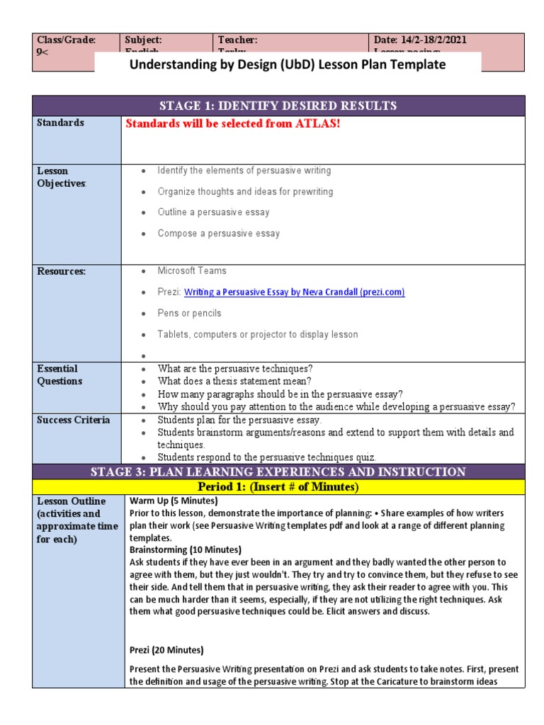 UbD Lesson Plan Template - External Assessment Data | PDF | Educational ...