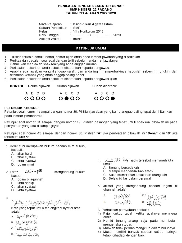 Soal PTS PAI Dan BP Kelas VII K13 Semester Genap 2023 | PDF
