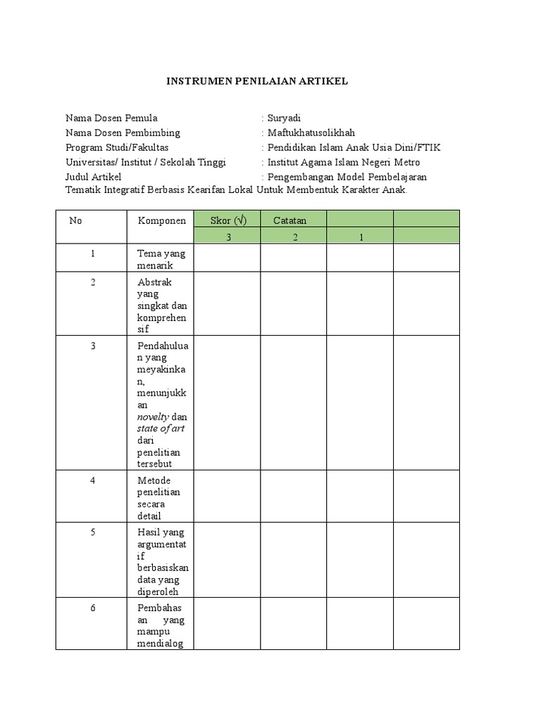 INSTRUMEN PENILAIAN ARTIKEL Template 2C | PDF