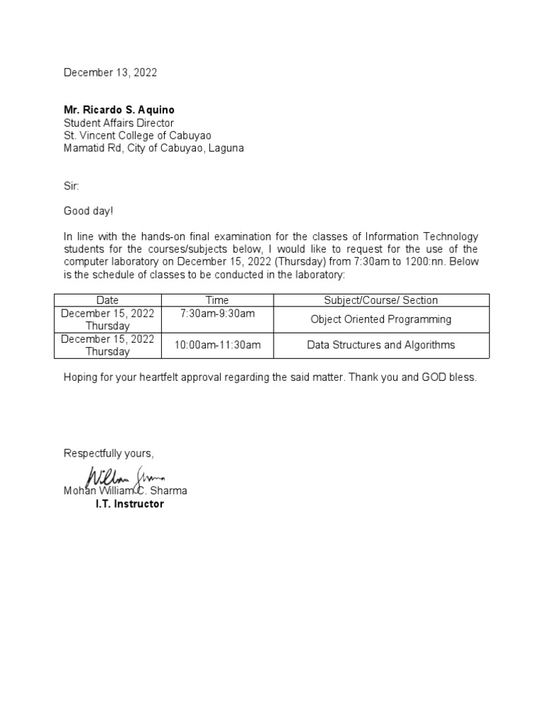 Request Letter For Computer Lab | PDF
