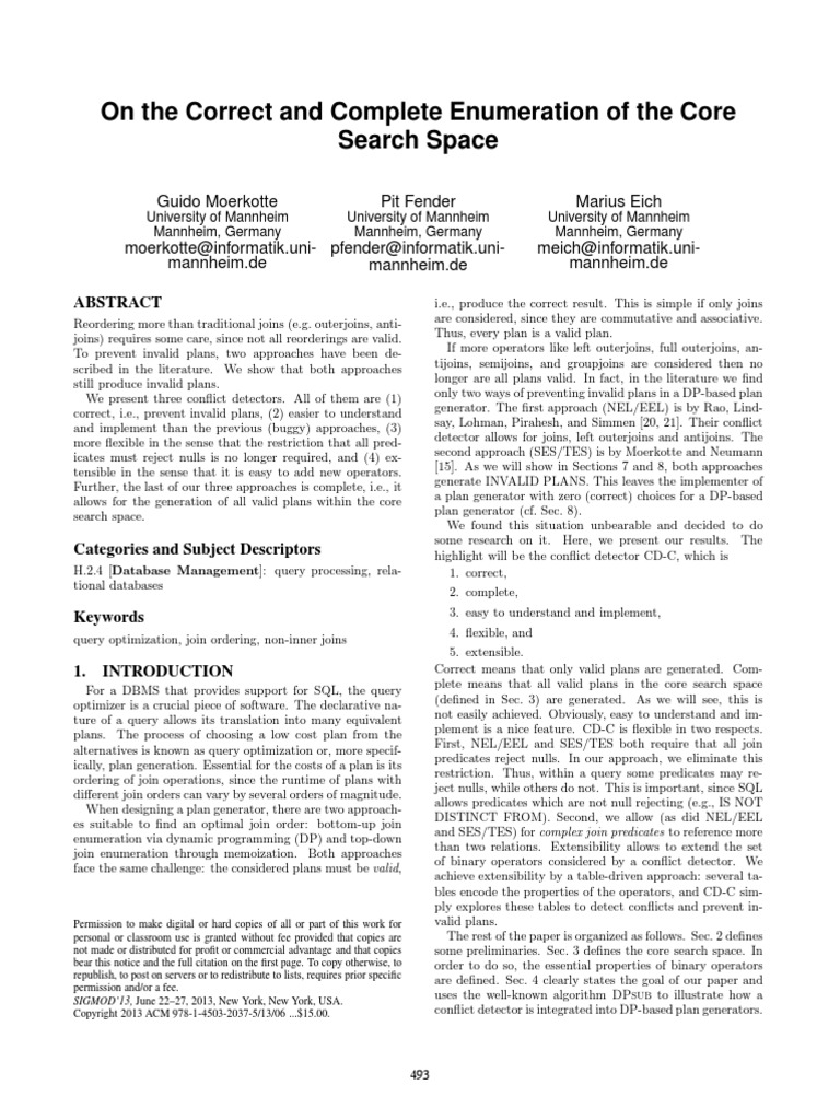 2013 Sigmod Moerkotte Correct And Complete Enumeration Of Search Space Pdf Databases