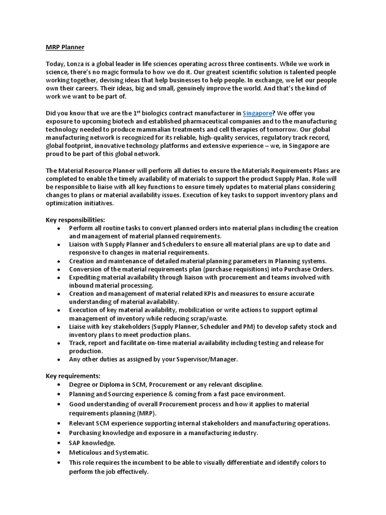 Material Resource Planner Role Description: Ensuring Timely ...