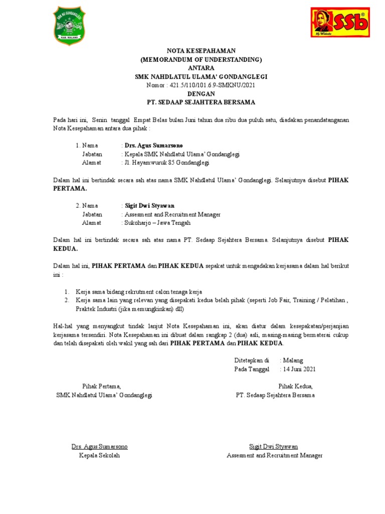 Draft MoU Dengan PT. SSB | PDF