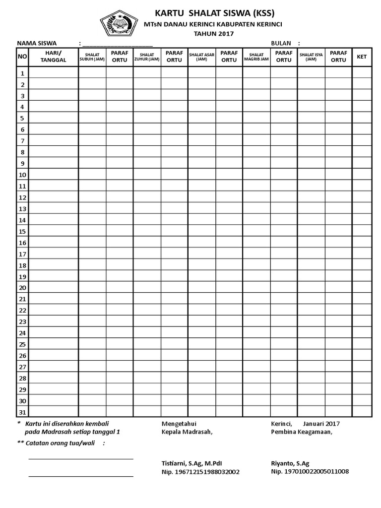 Kartu Shalat Siswa MTsN Kerinci | PDF