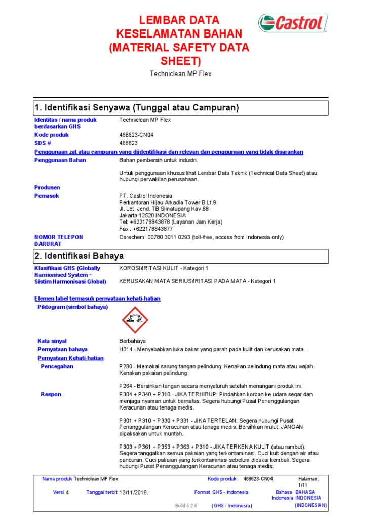 Lembar Data Keselamatan Bahan (Material Safety Data Sheet) : 1. Identifikasi Senyawa (Tunggal ...