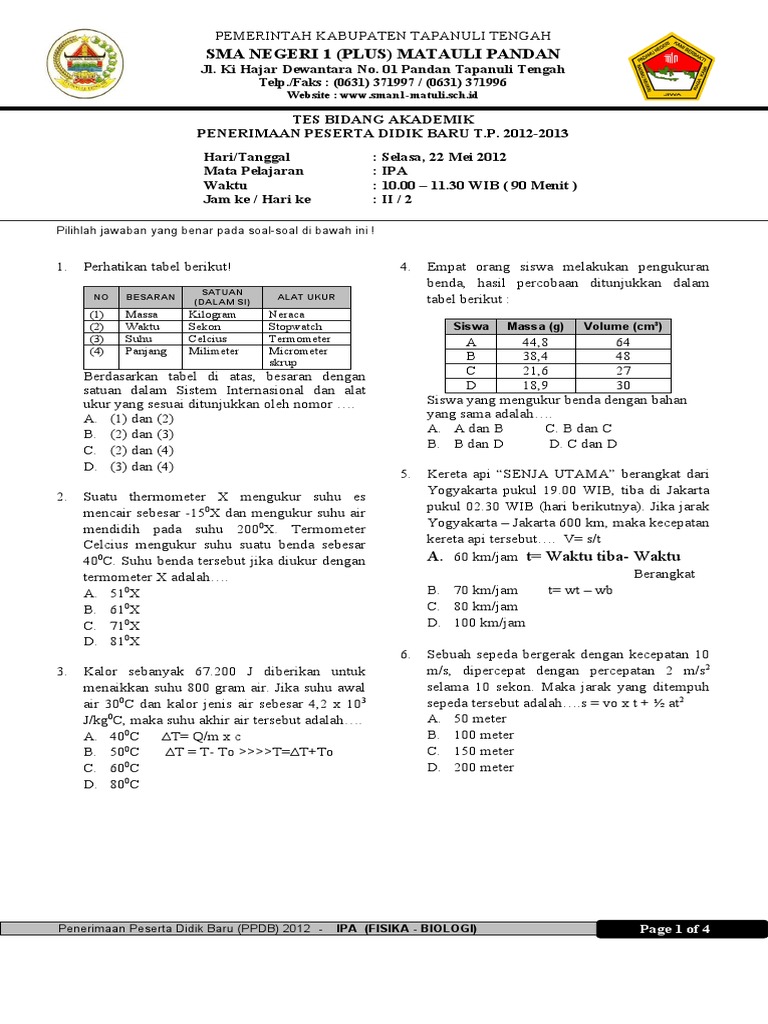 Soal PPDB 2012 SMA Matauli Pandan | PDF