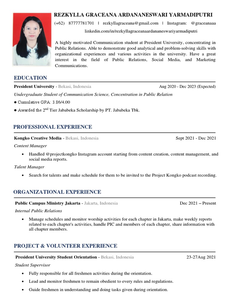 Rezkylla Graceana - Curriculum Vitae | PDF | Cognition | Communication