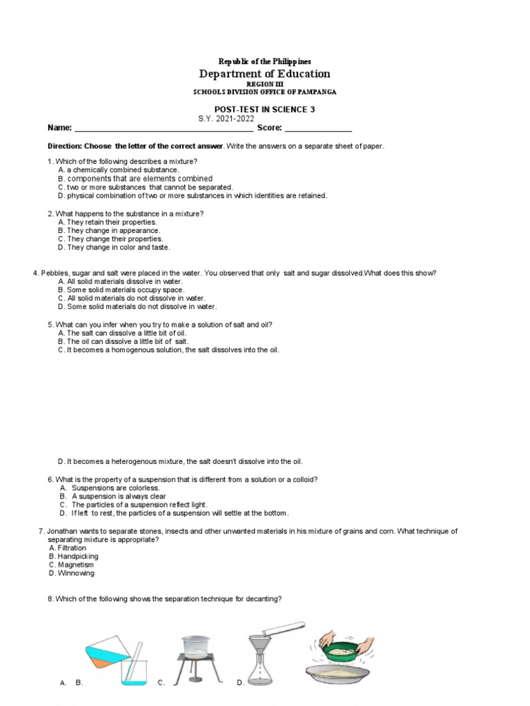 Pretest Grade 3 | PDF | Human Body | Mixture