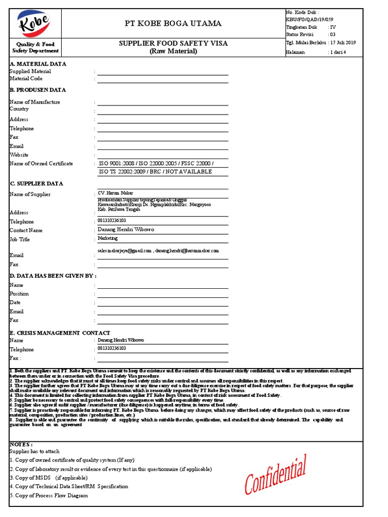 Supplier Food Safety Visa Document | PDF | Specification (Technical ...