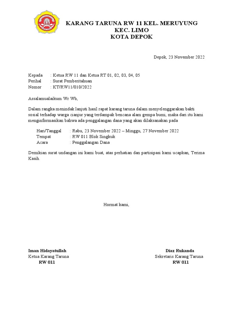 Surat Edaran Pemberitahuan Penggalangan Dana | PDF