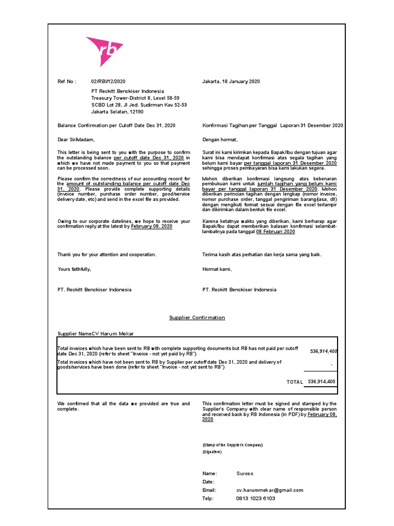 Balance Confirmation Harum Mekar - Des-20 | PDF | Invoice | Service ...
