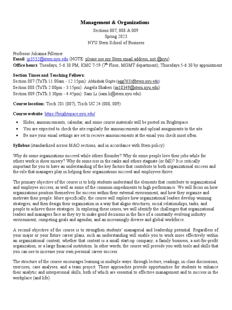 Pillemer M&O Syllabus Spring2023 | PDF | Turnitin | Leadership