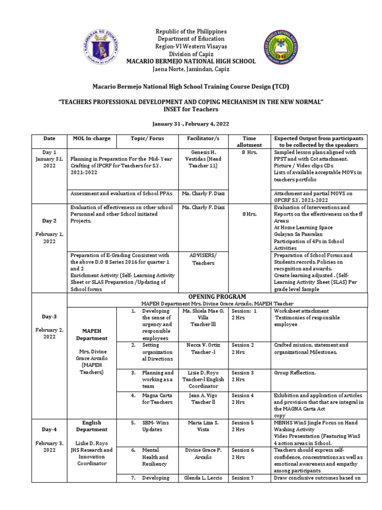 INSET Training Course Design 2022 Corrected | PDF | Human Resources | Behavior Modification