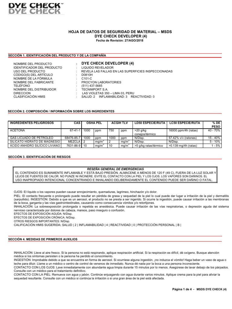 MSDS Dye Check 4 | PDF | Química