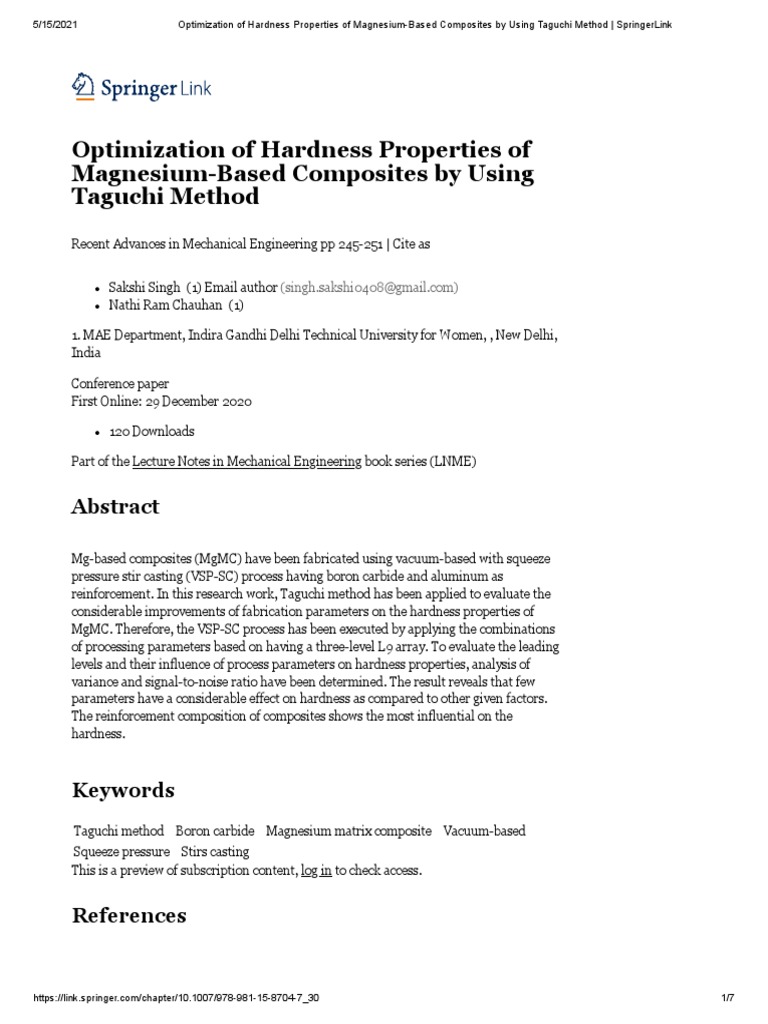 Optimization Of Hardness Properties Of Magnesium Based Composites By Using Taguchi Method