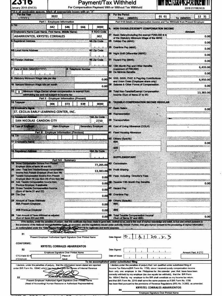 2022 Scanned Copy BIR Form 2316 | PDF