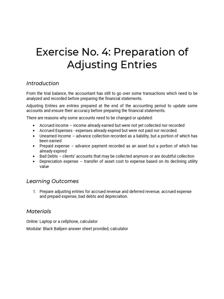 Exercise No. 4 Preparation of Adjusting Entries | PDF | Debits And Credits | Deferral