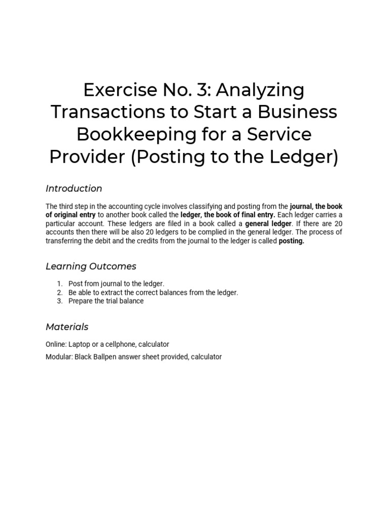 Exercise No 3 Analyzing Transactions To Start A Business Bookkeeping ...