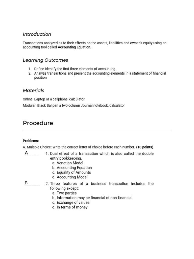 LABORATORY EXERCISE 1 Analyzing Transactions To Start A Business | PDF | Equity (Finance ...