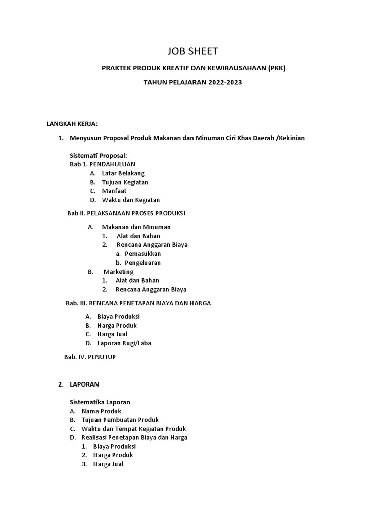 Job Sheet Praktek Produk Kreatif Dan Kewirausahaan | PDF