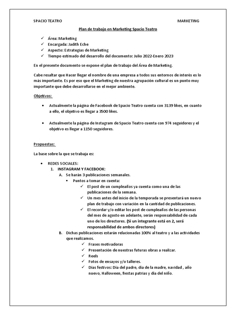 Plan de Trabajo en Marketing Spacio Teatro-1 | PDF | Marketing