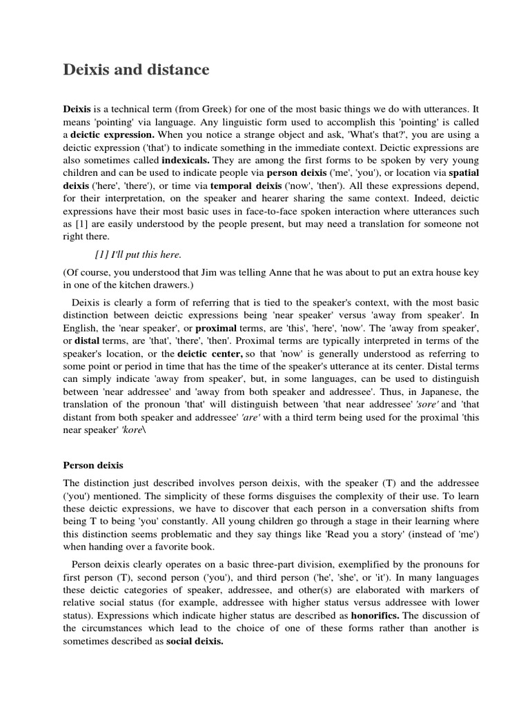 Deixis and Distance | PDF | Semantics | Semiotics