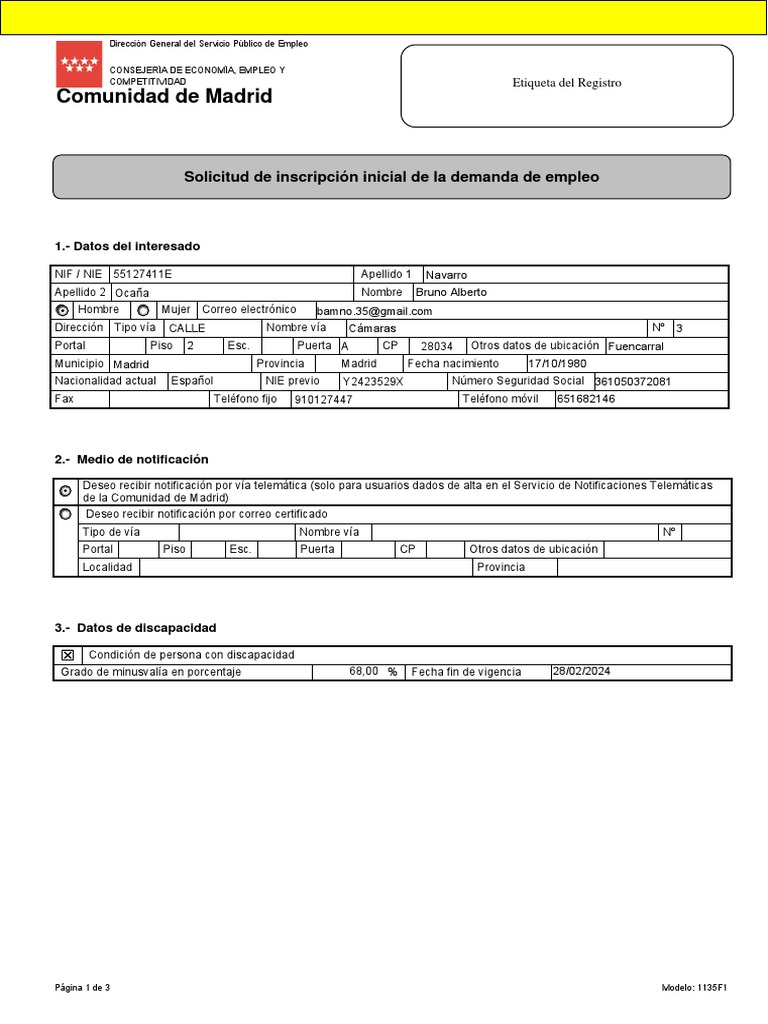 Comunidad de Madrid: Solicitud de Inscripción Inicial de La Demanda de Empleo | PDF | Privacidad ...