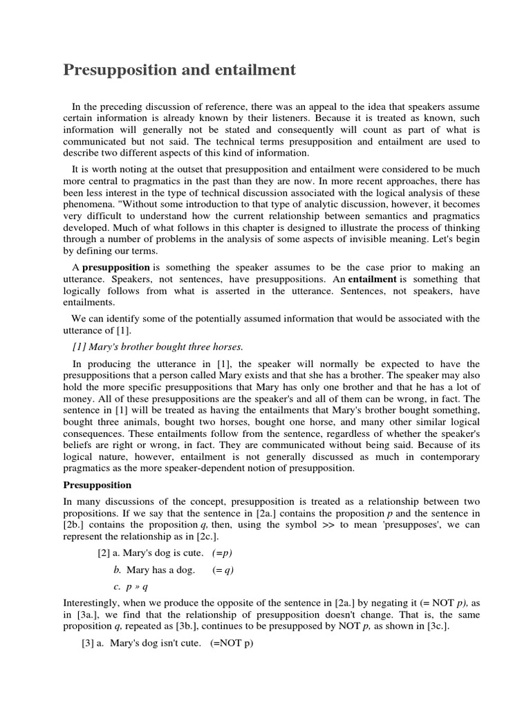 Presupposition and Entailment | PDF | Cognitive Science | Philosophical ...